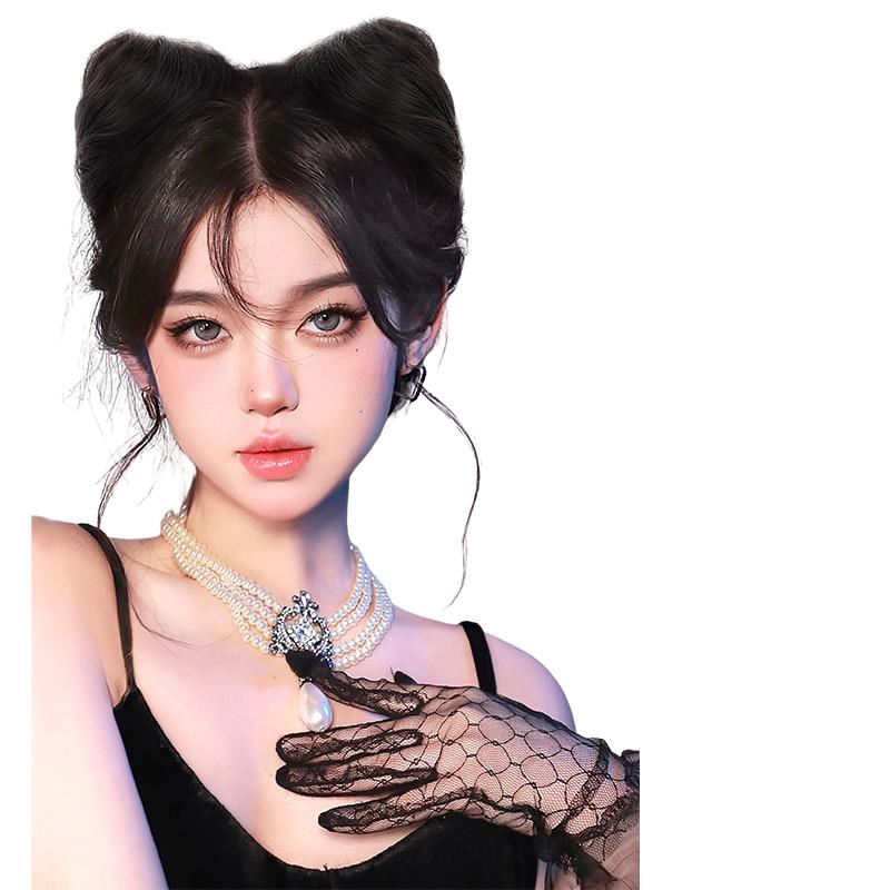 クリップ お団子 ウィッグ レディース 猫耳 リボン結び 三つ編み つけ毛 ヘアアクセサリー 装飾 ゴム ワンタッチ 個性的 かわいい 黒 茶