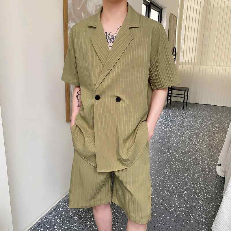 セットアップ メンズ 夏 半袖 半ズボン 韓国 カジュアル ゆったり ボタン シンプル リラックス 黒 カーキ ショッピング 普段使い ストライプ