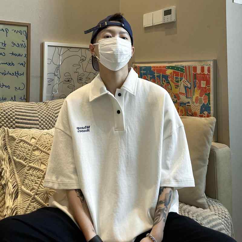 ポロシャツ 半袖 メンズ おしゃれ ルーズ ゆったり 夏 コットン アメリカン レトロ バック プリント 大きいサイズ 黒 白 アプリコット