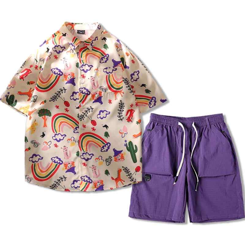 シャツ メンズ 旅行 夏 半袖 大きいサイズ ゆったり 速乾性 ショートパンツ セットアップ レインボー 派手 おもしろ 紫黒 山水画