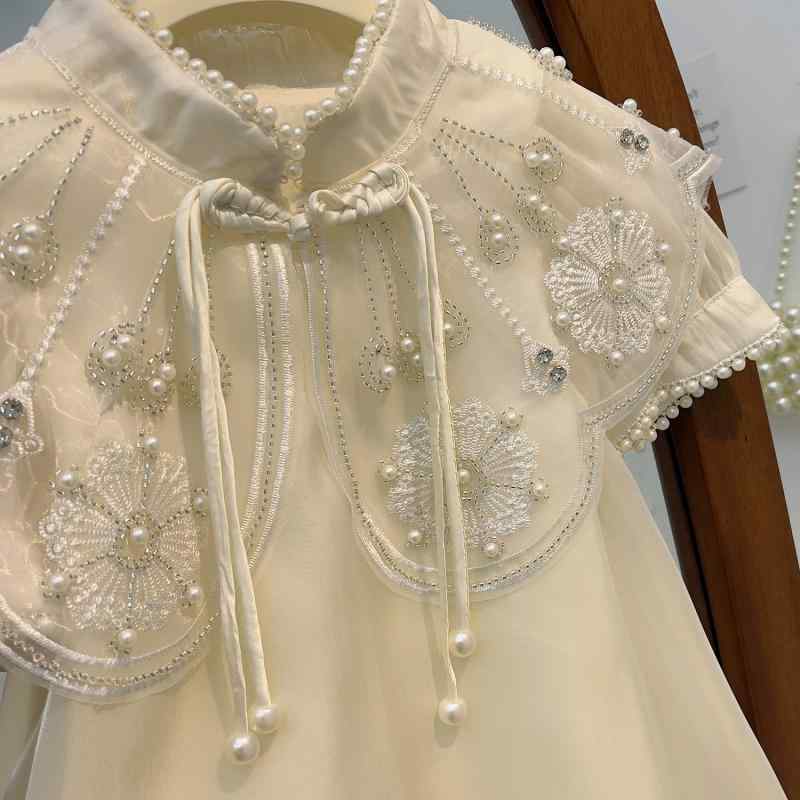 チャイナドレス 子供 夏 女の子 キッズ ベビー 中国風 スカート 半袖 ワンピース シフォン タッセル 装飾 パール 刺繍 発表会 結婚式 舞台 衣装 シンプル かわいい エレガント アイボリー 花柄