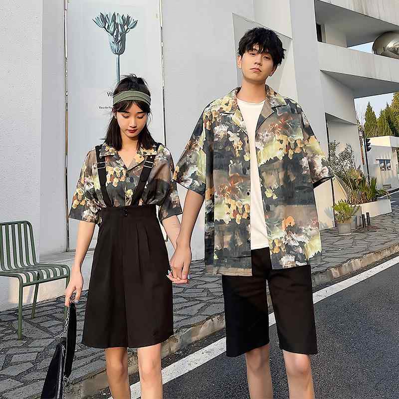 夏服 メンズ 派手 シャツ ハーフパンツ レディース サロペットスカート セットアップ カップル 半袖 シングルブレスト 襟 大きいサイズ 総柄 おしゃれ