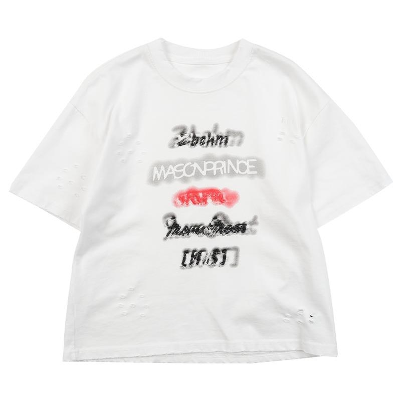 Tシャツ キッズ 男の子 夏 半袖 綿 子供服 アメリカ風 刺繍 文字 春 ゆったり ダメージデザイン 韓国 ラウンドネック 大きめサイズ ユニセックス 白 濃紺