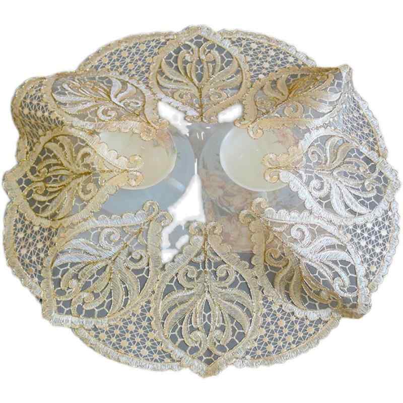 ほこり よ け カバー 丸形 クロス テーブルマット ティートレイ 防塵 ダイニング リビング キッチン 家庭用 家電 布 レース 刺繡 花柄 白 ゴールド