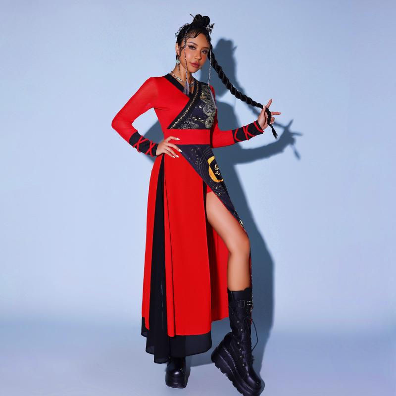 ダンス衣装 セットアップ レディース チャイナ ジャズ レトロ ストリート グループ 韓国 レッド 秋 長袖 コスプレ イベント 演出 ロング