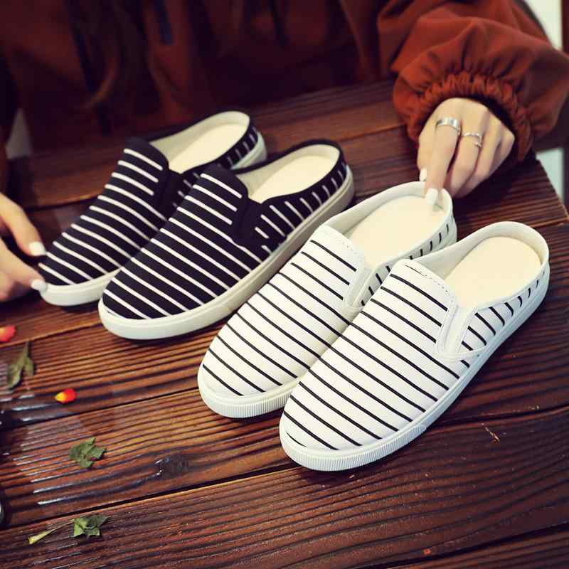 かかとなし スニーカー レディース スリッポン キャンバス シューズ 韓国 紐なし シンプル 快適 白 黒 ストライプ 普段使い 柔らかい 滑り止め