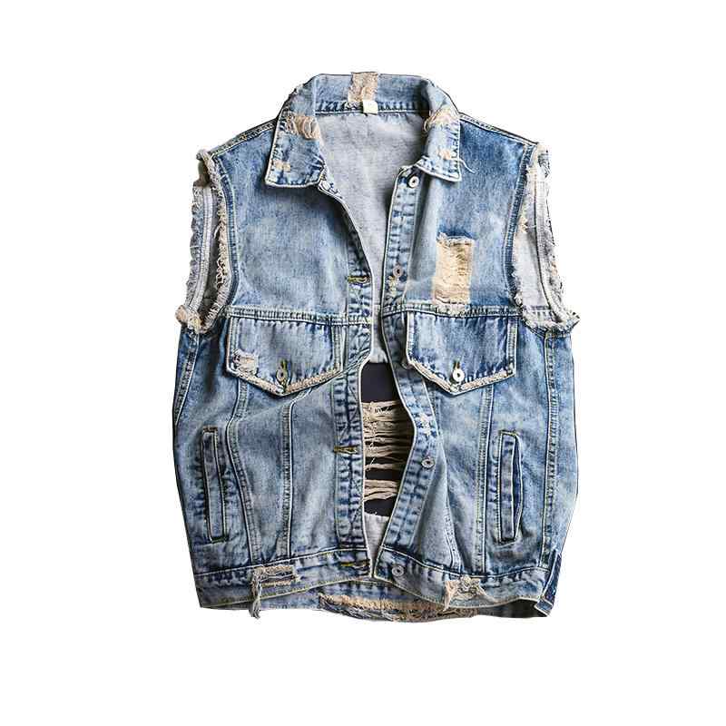 ベスト メンズ カジュアル 夏 ダメージ加工 デニム ノースリーブ ジャケット 韓国 ゆったり ストリート系 袖なし 襟付き 前開き ボタン ポケット 普段使い 青