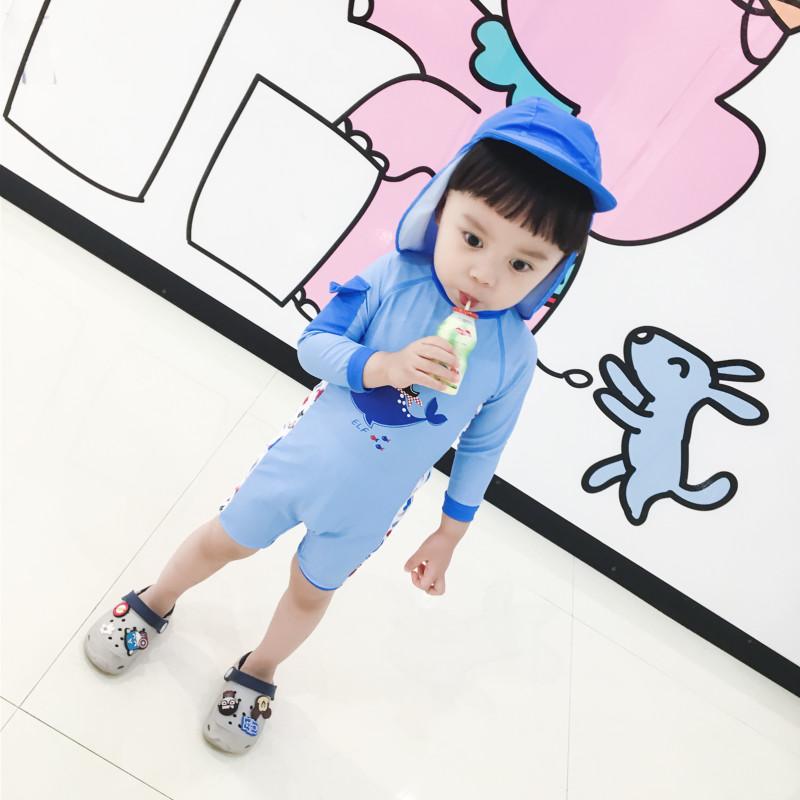 子供 水着 男の子 つなぎ 韓国 ベビー 水泳 プール ビーチ 長袖 日焼け防止 セット ゴーグル 帽子 くじら 青 ビックプリント かわいい