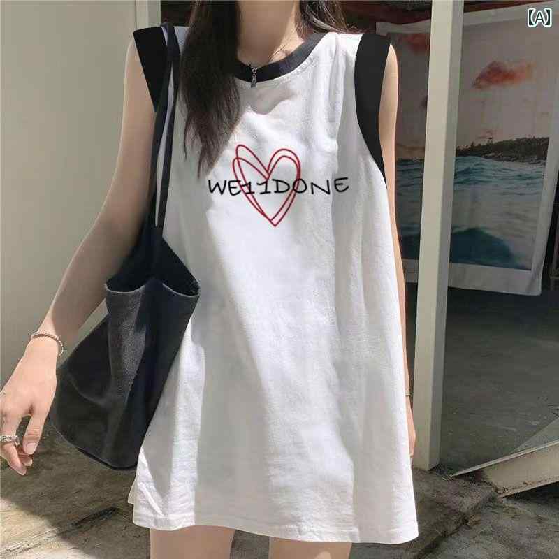 レディース タンクトップ おしゃれ アメリカン レトロ コットン 夏 ルーズ 大きいサイズ 韓国 ノースリーブ Tシャツ カジュアル 英字 プリント ホワイト