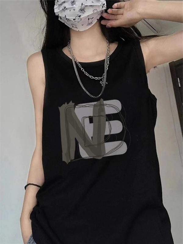 レディース タンクトップ おしゃれ アメリカン レトロ コットン ノースリーブ Tシャツ 夏 ルーズ 大きいサイズ カジュアル ブラック ホワイト