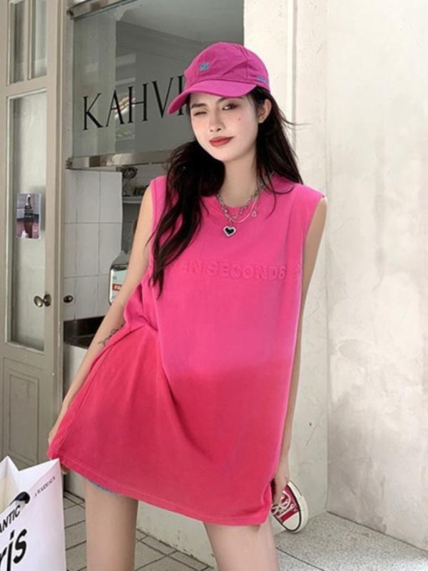 レディース タンクトップ おしゃれ カジュアル ノースリーブ Tシャツ 夏 コットン ラウンドネック ルーズ ゆったり 丈 長め 派手 カラー