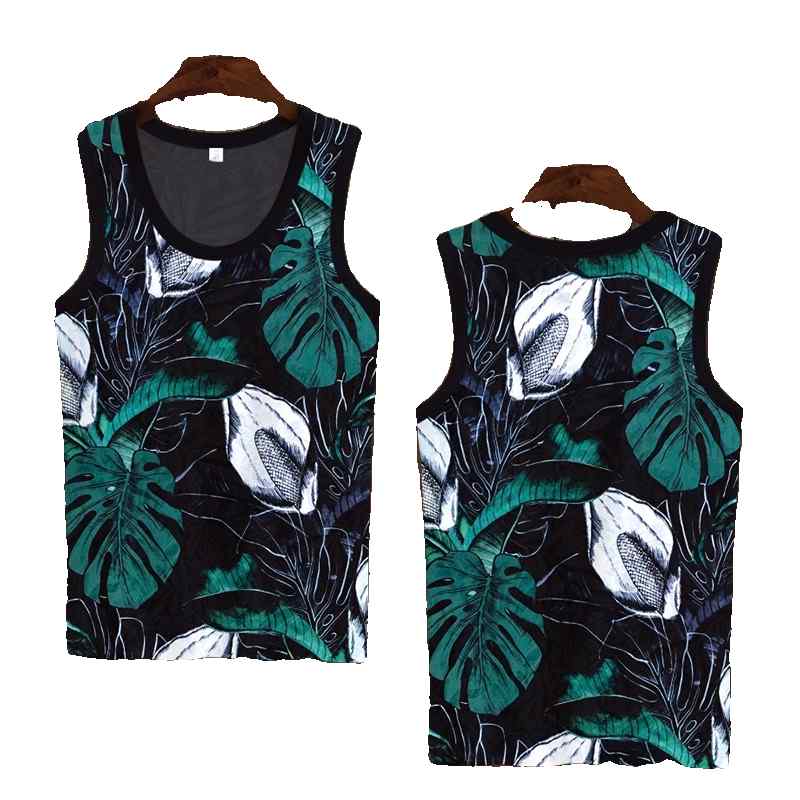 タンクトップ メンズ ノースリーブ 花柄 トップス 大きいサイズ ラウンドネック プルオーバー リゾート リーフ 夏 黒 緑 ビーチ おしゃれ