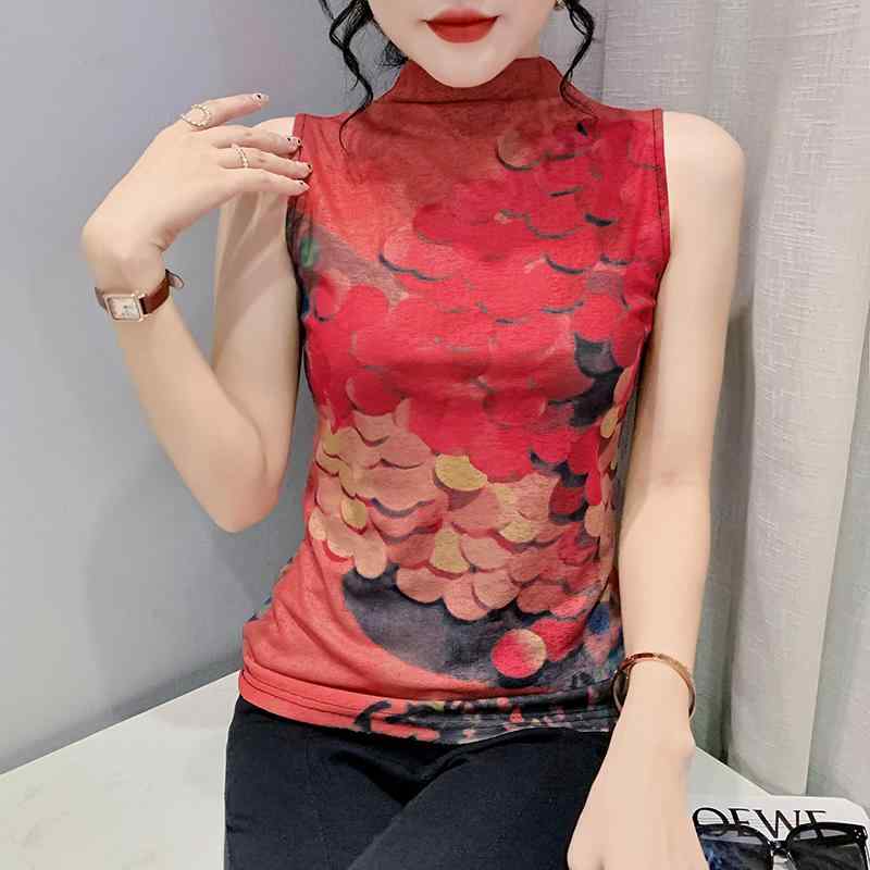 ハイネック ノースリーブ レディース おしゃれ 夏 スリムフィット スタイリッシュ 大人っぽい プリント タンクトップ Tシャツ 大きいサイズ
