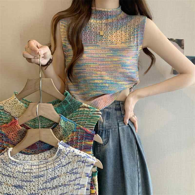 ハイネック ノースリーブ レディース おしゃれ レインボー ストライプ 夏 サマーニット ショート 丈 スリムフィット グリーン クリーム カラー