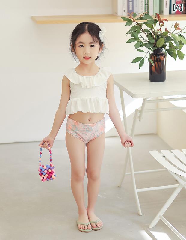水着 セパレート キッズ 女の子 かわいい プール 海 アイボリー オレンジ 韓国 パンツ フリル ラウンドネック 花柄 バックデザイン