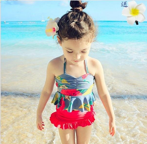 水着 女の子 韓国 春夏 キッズ ビキニ セパレート スカート スイムウェア 水泳道具 かわいい 花柄 ビーチ プール 海水浴 青 グレー 赤