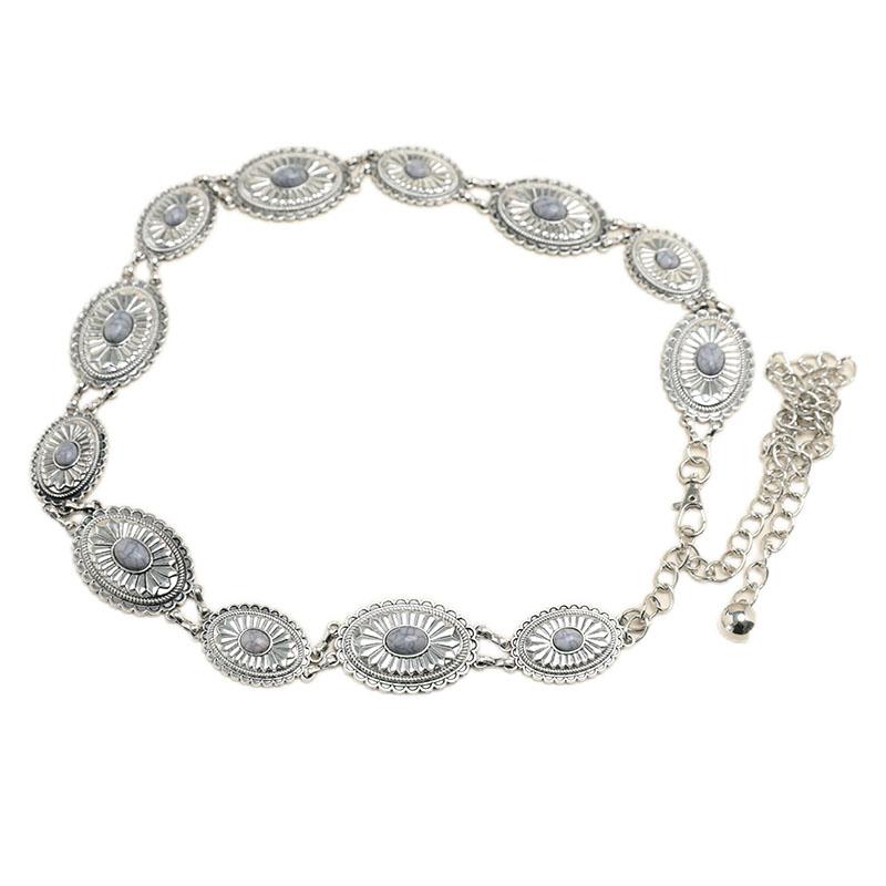 レディース 細い ベルト メタル チェーン レトロ エスニック 合金 花柄 バックル フック スカート ジーンズ ウエストマーク おしゃれ 小物 シルバー ゴールド