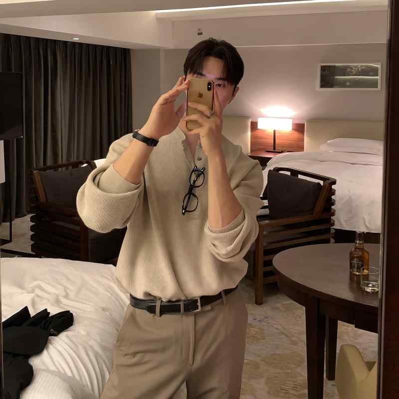 オシャレ セーター メンズ 男性 紳士 韓国 秋 ニット 長袖 トップス ヘンリーカラー カジュアル 普段使い ルーズ ゆったり ベージュ グレー 青 無地 ボタン リブ