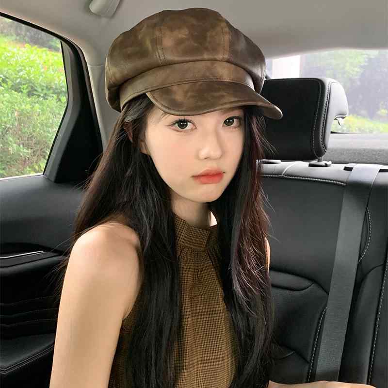 キャスケット レディース 大人 英国風 レトロ PU レザー 普段使い 外出用 小顔効果 短いつば カジュアル シンプル おしゃれ グレー 黒 青