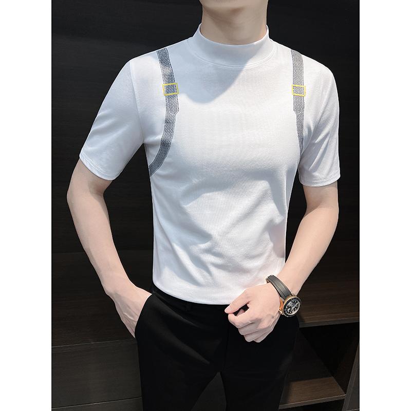 フィット: スリムフィット詳細: プリント服装技術：吊り染めプリントテーマ: おしゃれで楽しい素材構成:綿92 ポリウレタン弾性繊維(スパンデックス)8適用季節：夏生地の機能: 吸汗発散性厚さ：薄手袖丈:半袖衿タイプ：ハーフハイネック