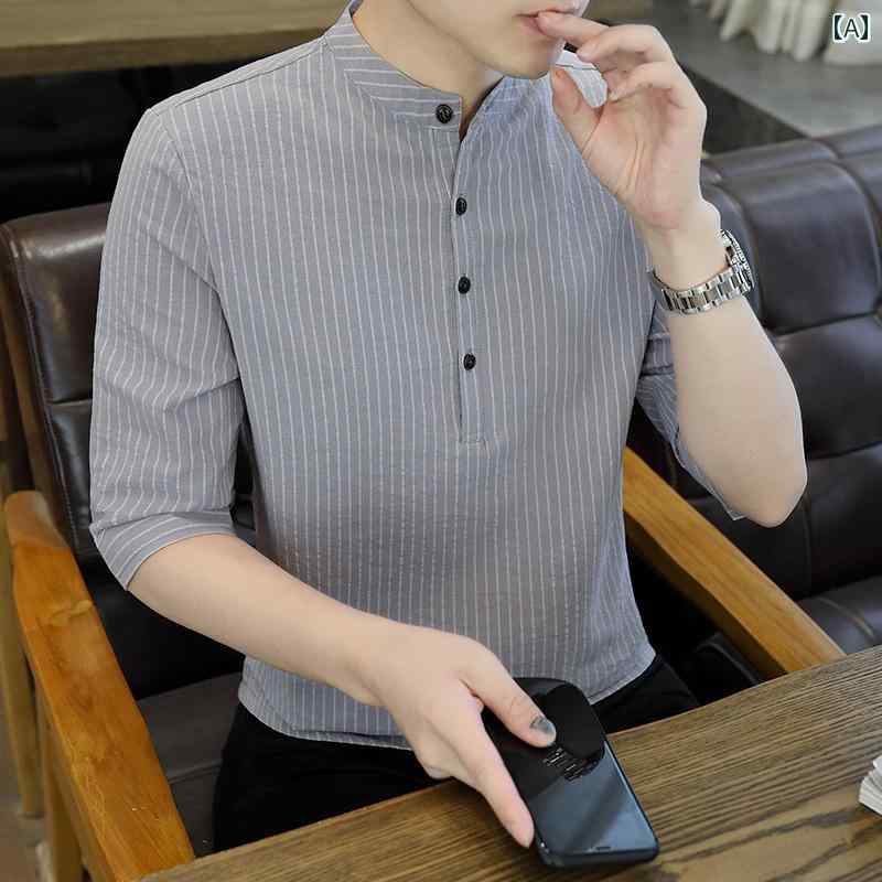 スタンドカラー シャツ メンズ 夏 七分袖 薄手 ストライプ コットン トップス 中国風 レトロ スリムフィット 大きいサイズ シンプル カジュアル ネイビー 白 カーキ