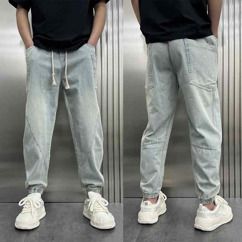 ジョガーパンツ メンズ 夏 ズボン デニム ジーンズ ルーズ ストレート スリムフィット 耐摩耗 伸縮性 9分丈 中腰 ポケット 紐付き カジュアル ブルー 休日 外出 普段使い