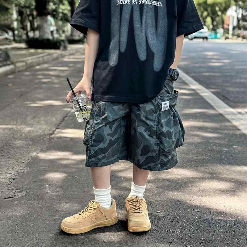 迷彩 ハーフパンツ キッズ 男の子 春夏 子供 五分丈 短パン 薄手 ウエストゴム ミリタリー カジュアル ポケット アウトドア レジャー おしゃれ 緑