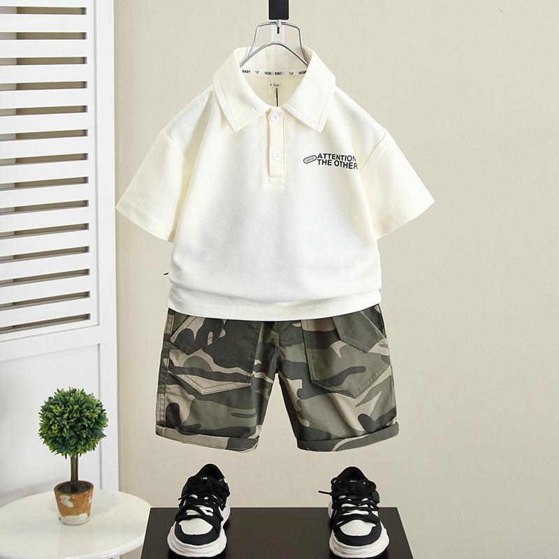 迷彩 ハーフパンツ キッズ ベビー 子供 春夏 男の子 ポロシャツ 半袖 上下セット カジュアル おしゃれ お出かけ レジャー 白 ピンク