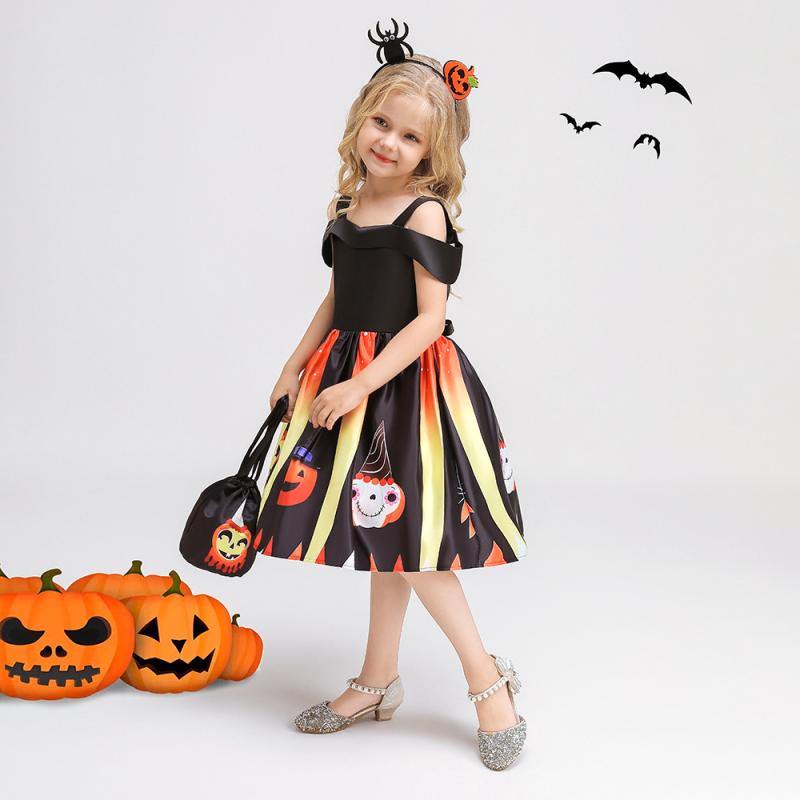ハロウィン コスプレ 子供 衣装 女の子 ドレス ミステリアス カボチャ ランタン プリント スカート ワンピース かわいい ブラック ホワイト オレンジ リボン チュール