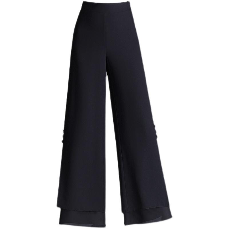 ワイドパンツ レディース 夏 ボトムス 薄手 通気性 シフォン ハイウエスト 大きいサイズ ゆったり スリム スリット シンプル きれいめ カジュアル 黒