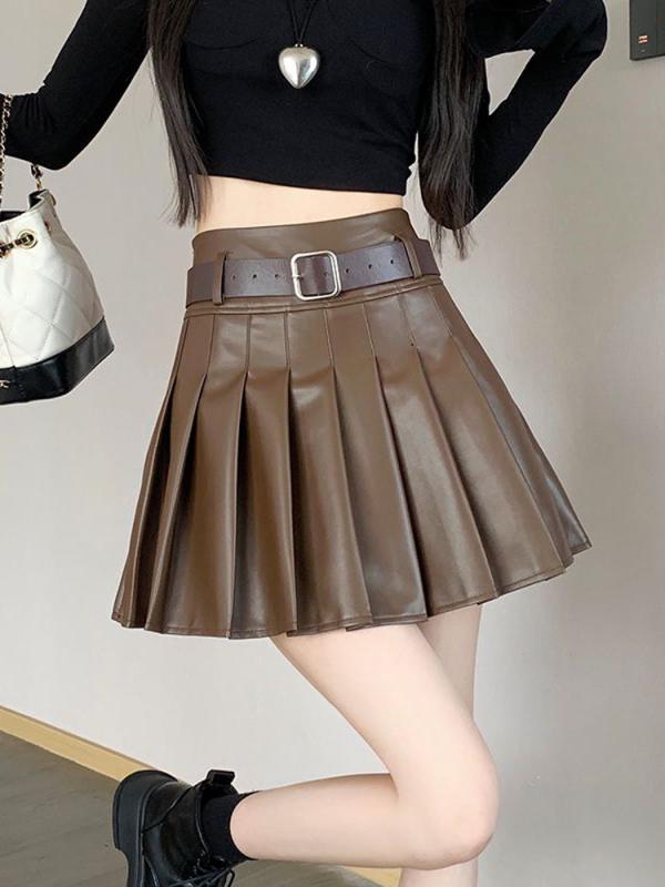 スカパン レディース ボトムス 春秋 PU レザー ミニ丈 プリーツ スリム ハイウエスト ベルト付き Aライン シンプル カジュアル セクシー 黒 茶