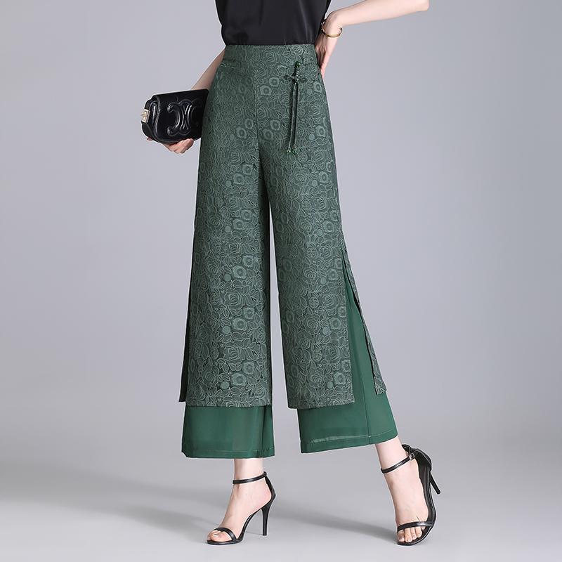 ワイドパンツ レディース きれいめ 夏 薄手 クロップド丈 ストレート スリット ジャカード ハイウエスト ゆったり 通気性 ひんやり 涼しい 30代 大きいサイズ 黒 緑