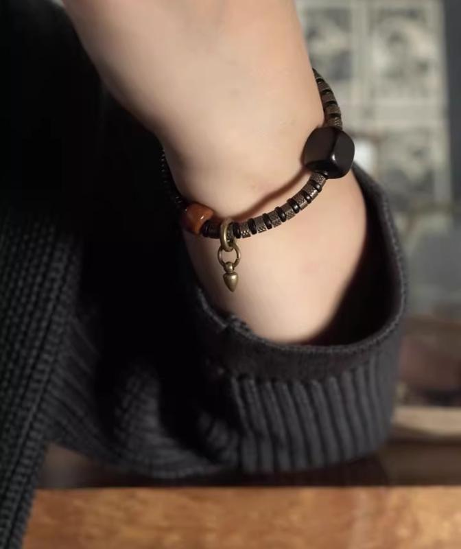 ブレスレット メンズ レディース カップル ペア 大人 レトロ 普段使い 外出用 黒檀木 ウッドビーズ シングルサークル チャーム おしゃれ