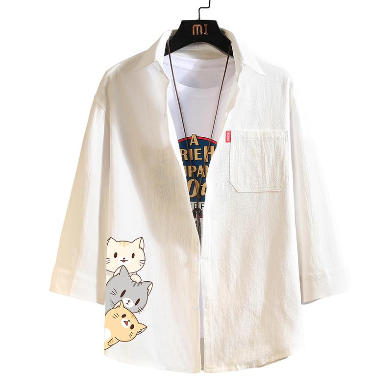 リネン メンズ シャツ 七分袖 薄手 ボタン 春夏 ゆったり トップス 大きいサイズ かわいい ネコ プリント カジュアル レジャー 普段使い 黒 白