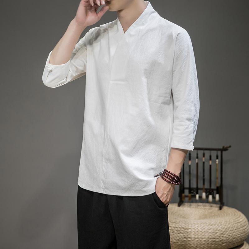 リネン メンズ シャツ 七分袖 夏 中国 レトロ 漢服 綿麻 Vネック トップス ゆったり 大きいサイズ シンプル カジュアル 無地 普段使い インナー 白 グレー 黒