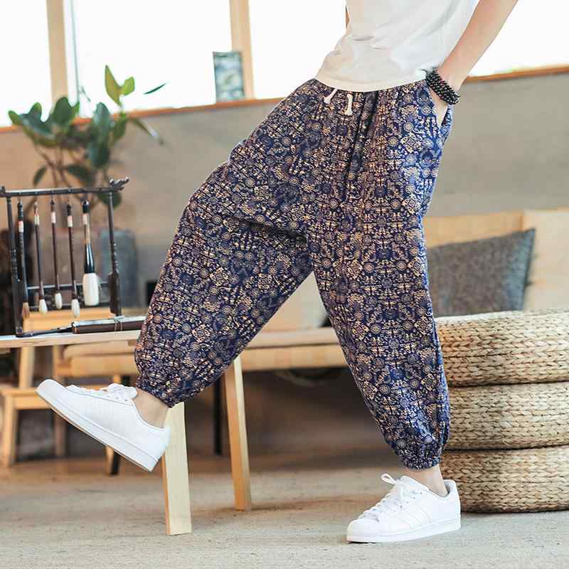エスニック パンツ メンズ アジアン 柄 ハーレム タイ 綿麻 薄手 蚊よけ ウエストゴム ゆったり 大きいサイズ 花 象 カジュアル レジャー リラックス 黒 青 茶
