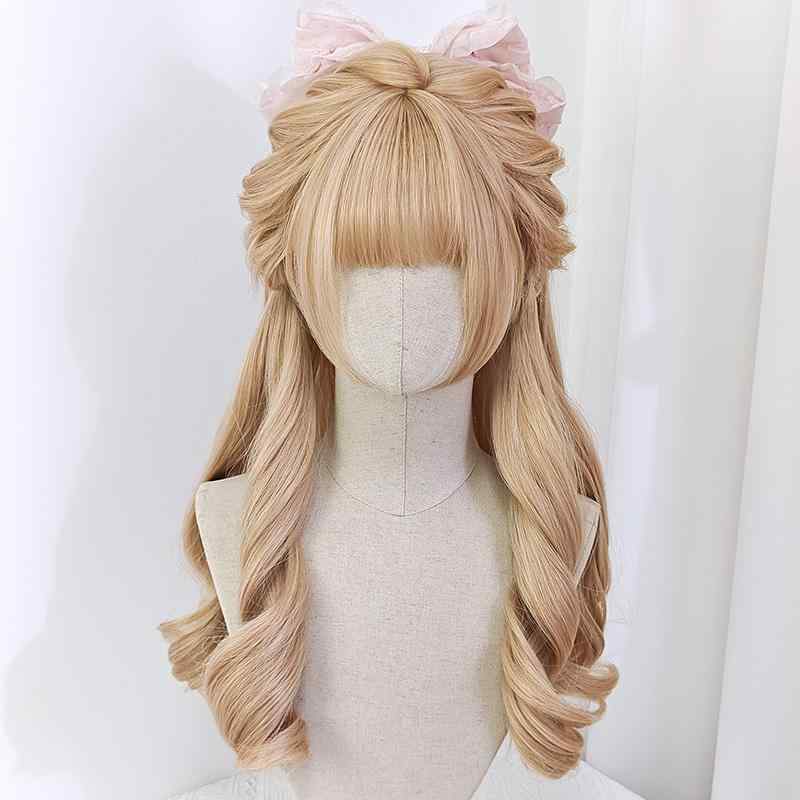 ウィッグ レディース コスプレ かつら パーマ ウェーブ カール 巻き ロング カラー フル レトロ クラシカル エレガント 金 ミルクティ ゴールド ロリータ