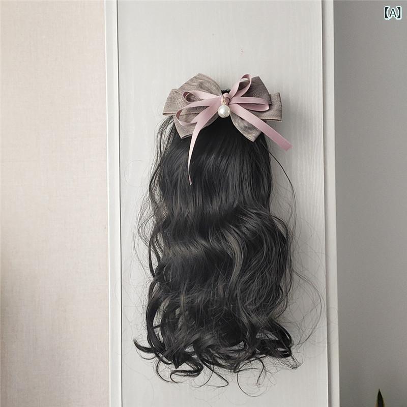 ウィッグ ポニーテール 韓国 子供 カール ウェーブ ミディアムヘア つけ毛 かわいい お姫様 リボン付き お出かけ 発表会 衣装 アクセサリー ピンク 黄 赤