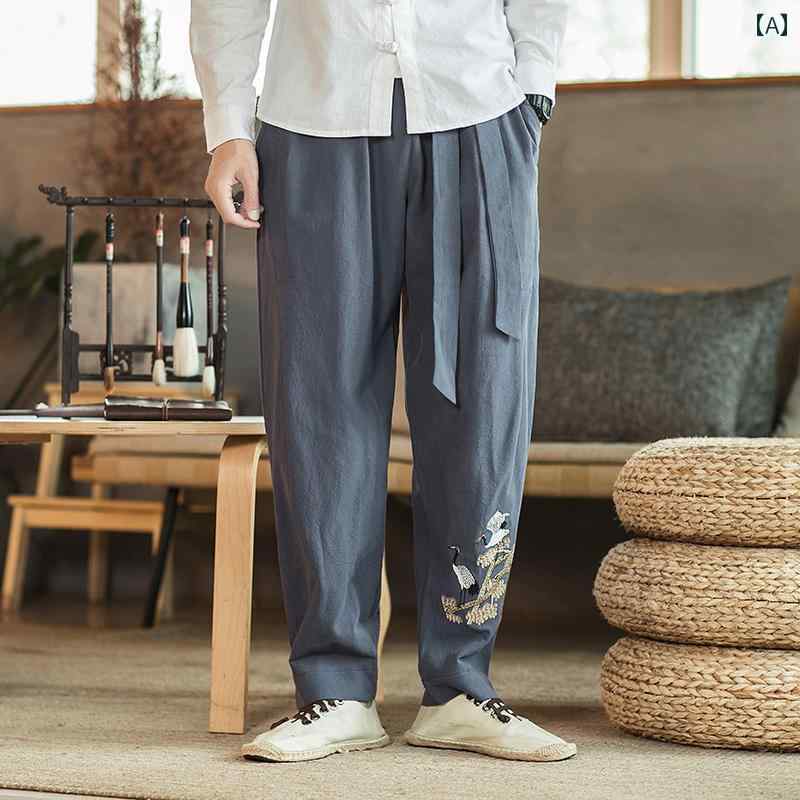 パターン: エスニックフラワーパターンウエストタイプ:ミディアムローウエスト伸縮性：伸縮性なし適用季節：春シルエット：ゆったり詳細: カラーマッチングパンツの長さ: ロング生地機能: 防汚素材構成: 綿77.麻23