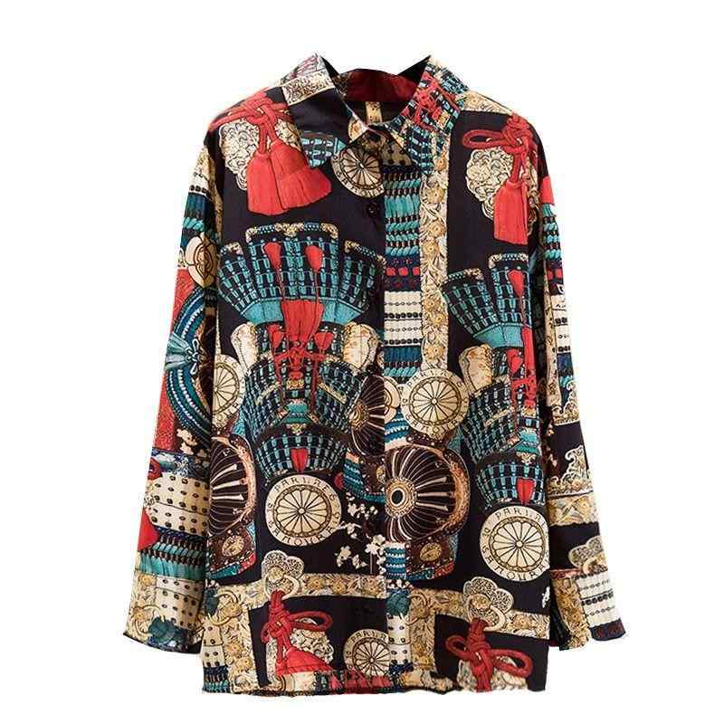 アジアン エスニック トップス 春秋 レトロ カラフル プリント レディース 長袖 おしゃれ シャツ 大きいサイズ ストレート ポリエステル 普段使い おでかけ 柄