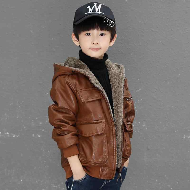 レザージャケット 子供 秋冬 男の子 アウター 厚手 裏地 フリース 中綿 フード付き ジップアップ シンプル カジュアル おしゃれ 黒 カーキ