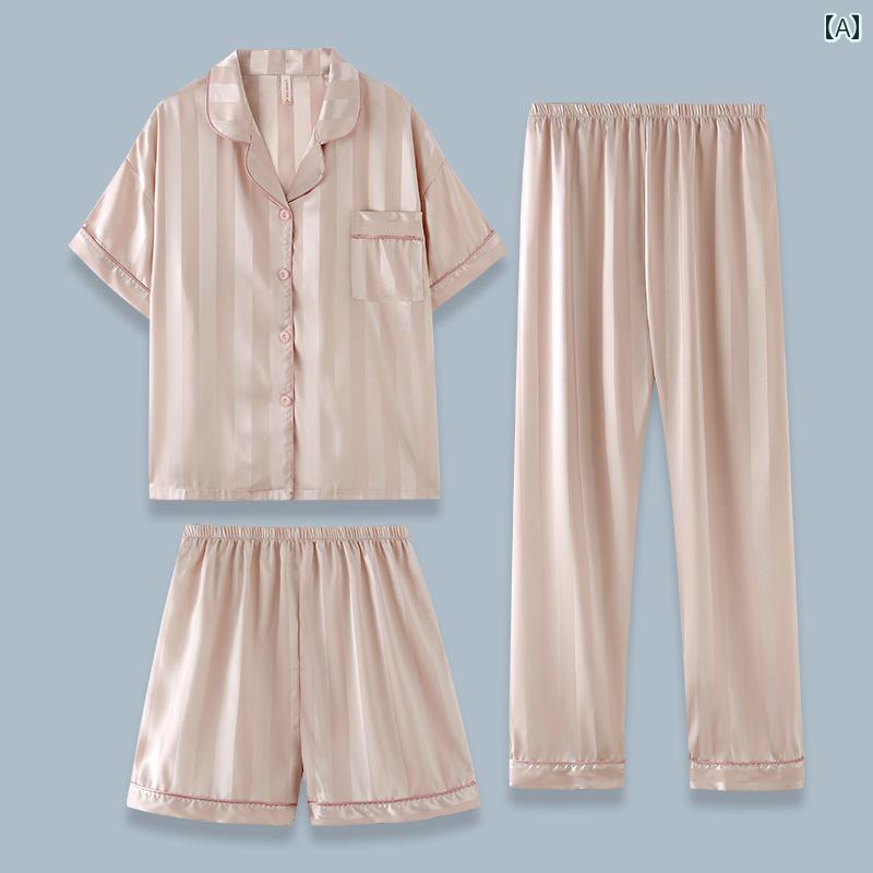 パターン: ストライプ服の前立て: フロントバックルパンツの前立て：ゴムバンド本体生地重量：200g以下適用季節：夏袖丈:半袖該当するシーン：パジャマパンツの長さ: ロング生地素材構成：ポリエチレンテレフタレート（ポリエステル）97 ポリウ...