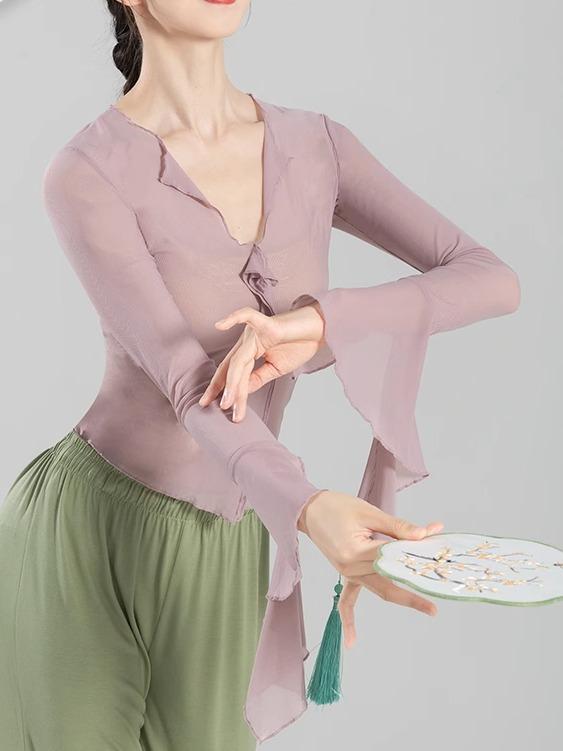 中国 舞踊 衣装 エレガント 夏 レディース トップス 単品 薄手 民族 ダンス 透け感 ドレープ 演劇 撮影 練習着 シンプル 無地 緑 紫 ピンクサイズ: SML XL色：ジェイドグリーン.ピンクパープル