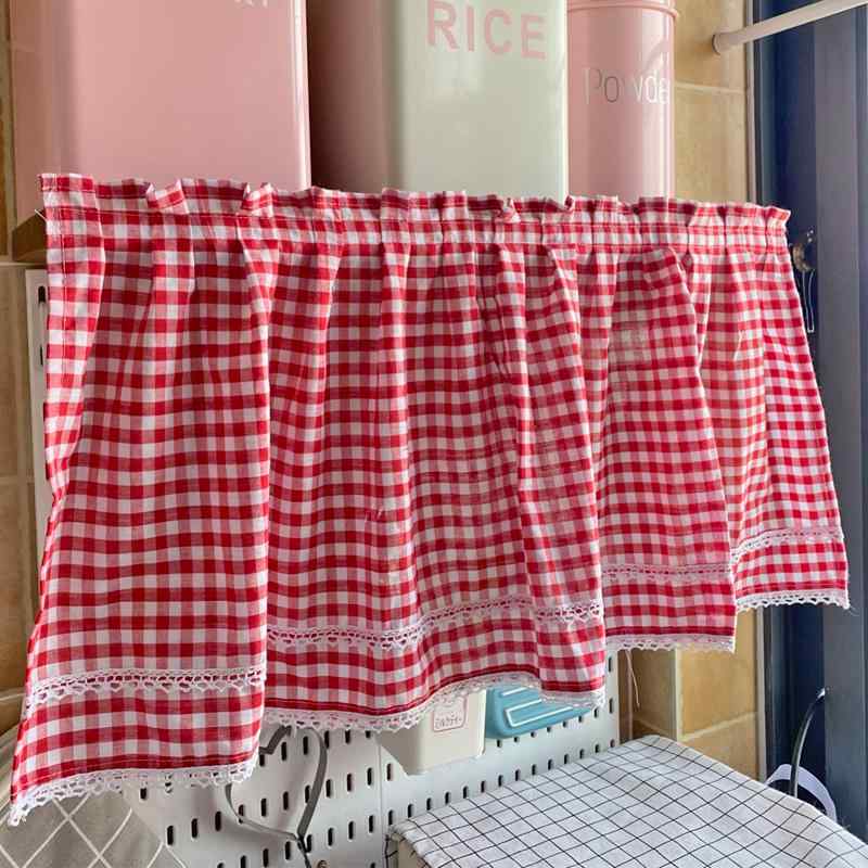 可愛い カフェカーテン 出窓 面ファスナー 遮光 ショート 薄手 赤 青 チェック柄 ポリエステル 綿 プリーツ 目隠し インテリア 突っ張り棒 シンプル