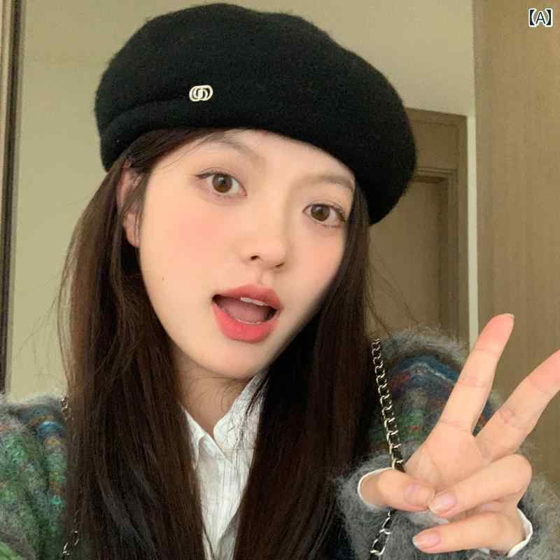 レディース 帽子 オシャレ キャスケット ペインターハット 韓国 女性 秋冬 ウール カジュアル 普段使い 画家 黒 オレンジ ワンポイント 無地 シンプル