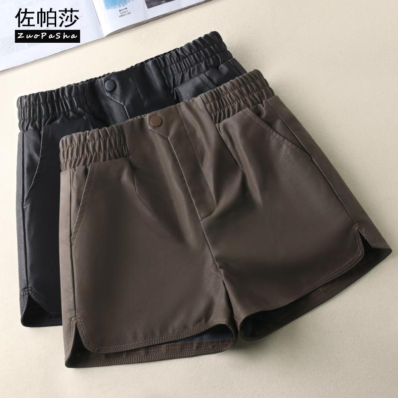 レディース レザー ショートパンツ 秋冬 ハイウエスト ワイドレッグ PU カジュアル 普段使い プリーツ 黒 茶色 シンプル おしゃれ ポケット 大きいサイズ