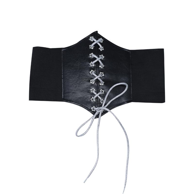 ベルト ウエストマーク レディース 女性 ガードル サッシュ PUレザー 人工革 伸縮性 ゴム ワイド 装飾 黒 紐 レースアップ シンプル