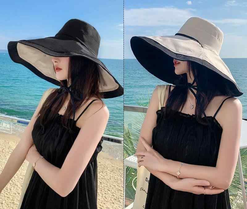 バケットハット レディース 夏 おしゃれ 日焼け防止 つば広 紐 付き リバーシブル 56-59cm 旅行 レジャー アウトドア チェック 黒 ベージュ カーキメイン素材:綿ポリエステルサイズ：フリーサイズ（56cm～59cm）両面着用適用...