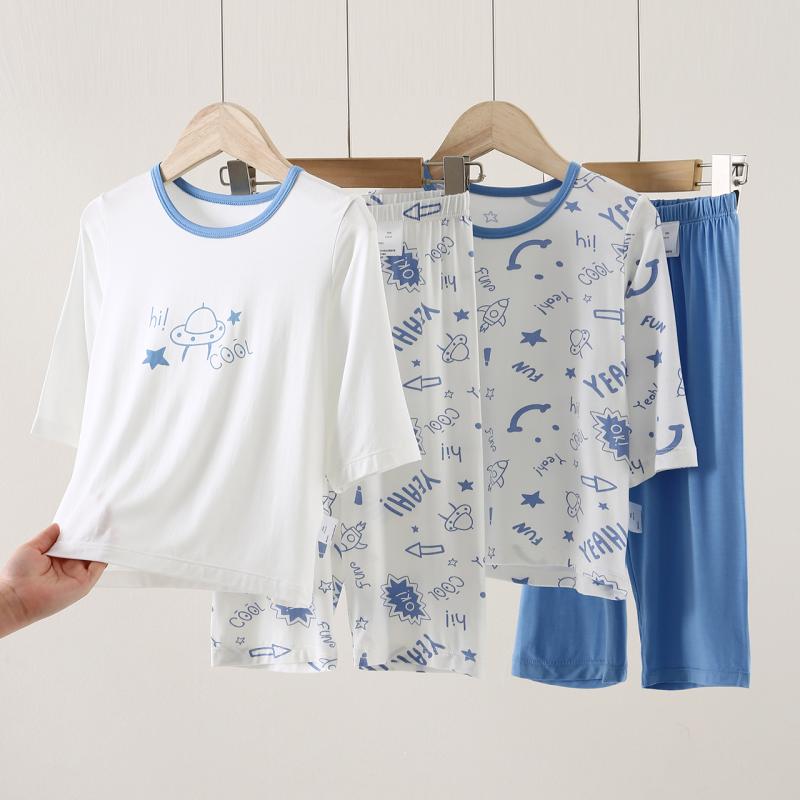 パジャマ キッズ ベビー ジュニア 男の子 女の子 七分袖 長ズボン 夏 涼しい ひんやり サラサラ かわいい セットアップ 90 130 140 ルームウェア 寝間着 ラウンドネック 薄手 柔らかい ストレッチ 通気性 ロケット ホワイト...