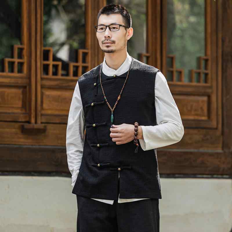 秋 メンズ ベスト 着こなし コーデ エスニック チャイナ風 ノースリーブ 大きいサイズ ラウンドネック シングルブレスト ジャカード ポリエステル ビスコース ポリウレタン 黒 シンプル きれいめ